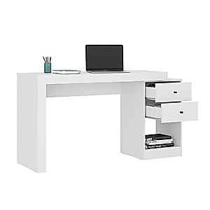 Techni Mobili Expandable Desk with Storage Drawers & Open Shelf - Expands from 47 Inch to 57 Inch - White Computer Desk with Printer Space - Modern Home Office Table with Drawers Blanco Collection