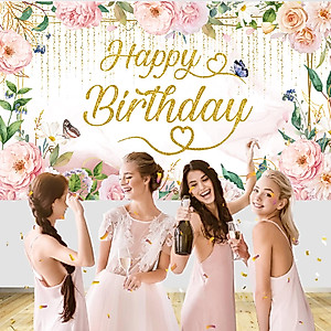 SMENGGIL Florals Happy Birthday Banner Backdrop Flowers Plants Butterfly Photography Background Hanging Pink Gold Green Birthday Party Decoration Supplies for Girls Womens Birthday Decor 72.8*43.3in