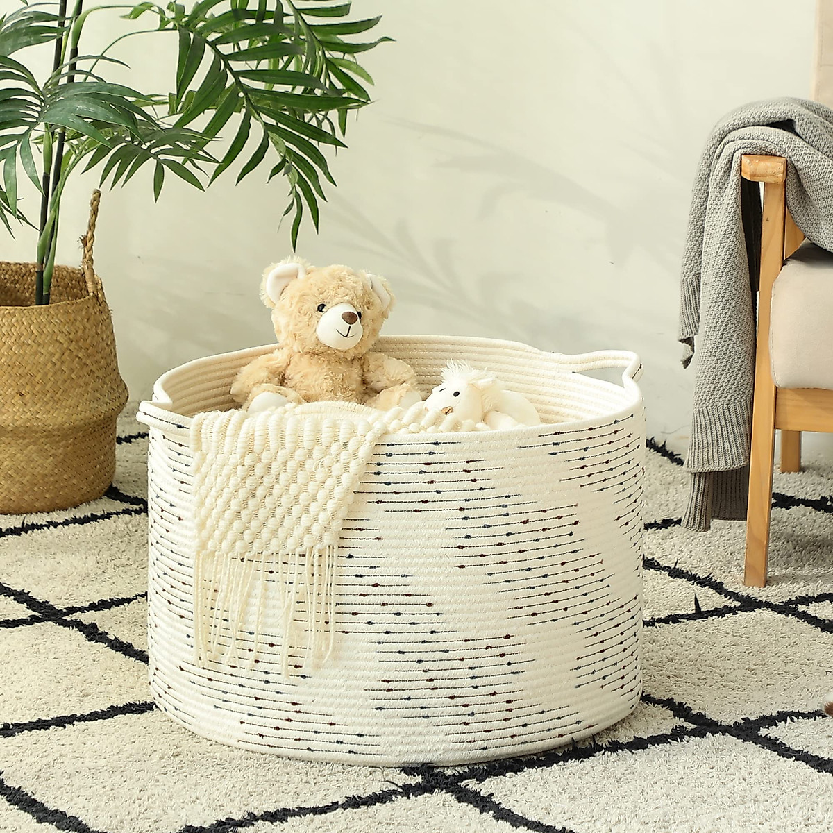 KAKAMAY Large Cotton Rope Blanket Basket (20"x13"),Woven Baby Laundry Hamper，Blanket Basket for Nursery, Laundry, Living Room, Pillows, Toys Dotted Pattern（White）