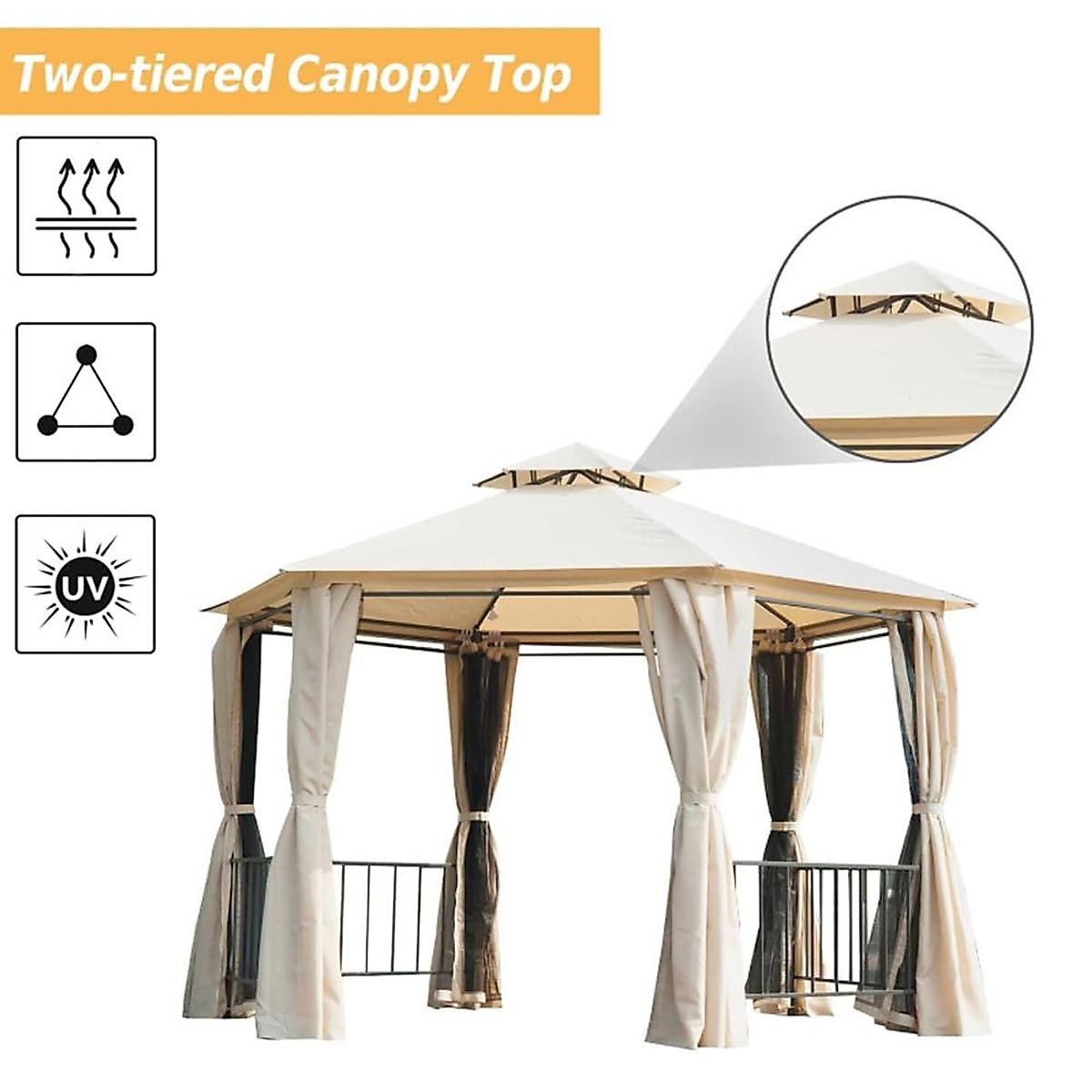 13' x 13' Double Canopy Gazebo with Netting and Shaded Curtains, Outdoor Gazebo 2-Tier Hardtop Galvanized Iron Aluminum Frame for Parties Backyard, Patio, Garden, Event, Beige