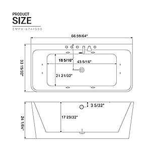 Empava 67-Inch Freestanding Whirlpool Bathtub Rectangular with 8 Hydromassage Water Jets Luxury Acrylic Massage SPA Soaking Bath Tub Double Ended, White