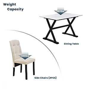 LZ LEISURE ZONE Dining Table Set, Solid Wood 5-Piece Dining Set with Faux Marble Tabletop and Upholstered Dining Chairs for 4, Dining Room Sets, White+Beige
