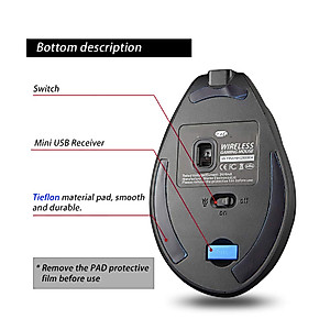 Attoe Vertical Mouse Wireless, Right Handed 2.4GHz Wireless Ergonomic Rechargeable Vertical Mouse with 3 Adjustable DPI 1000/1600/2400, 6 Buttons,Compatible with PC, Desktop,Mac (Black)