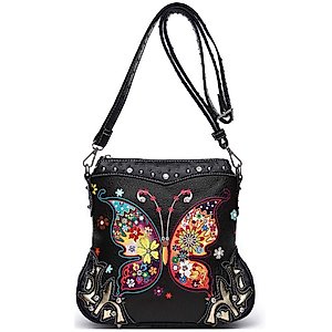 Butterfly Flower Concealed Carry Purse Women Spring Rhinestone Crossbody Handbags Single Shoulder Bag (Black)