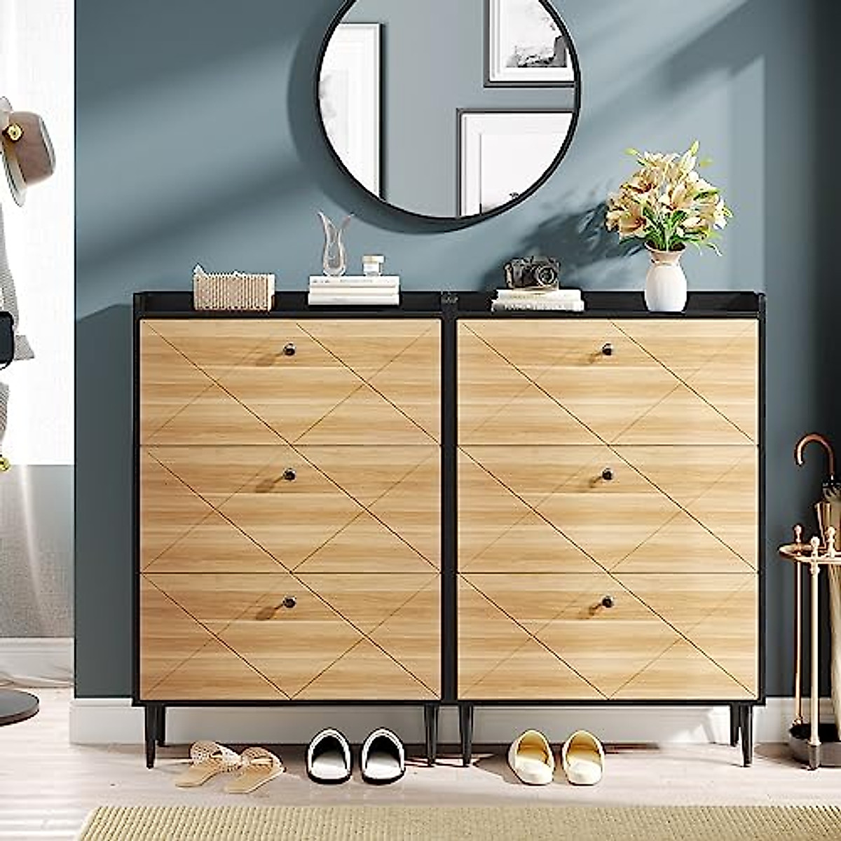 Freestanding Shoe Rack Organizer Shoe Storage Cabinet with 3 Flip Down Drawers for Entryway Hallway Closet Wood Grain/Black Black Yellow Metal Finish Adjustable Shelving Includes Hardware