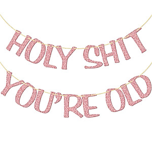 Holy Shit You're Old Banner Rose Gold Glitter for 30th 40th 50h 60th 70th 80th 90th Funny Birthday Banner Sign Bunting Party Decor Photo Booth Props (Rose Gold)