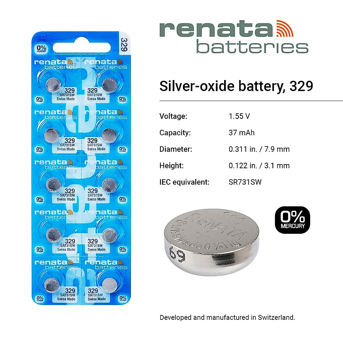 Renata 329 SR731SW Batteries - 1.55V Silver Oxide 329 Watch Battery (10 Count)