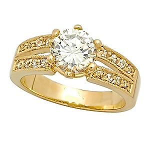 The Bling Factory Gold Plated Round CZ Solitaire Ring w/Dual Rows of Accent CZs, Size 9
