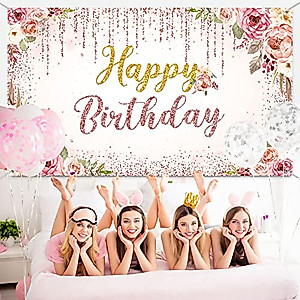 Happy Birthday Backdrop Decorations for Women Background Party Supplies Rose Backdrop Photography for Girls Boys Floral Glitters Banner Wedding Baby Shower Decor (Rose Gold)