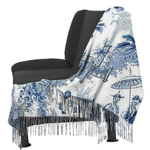 QBahoe Chinese Style Powder Blue Chinoiserie Toile Scarf For Women Men Lightweight Unisex Fashion Soft Winter Scarves Fringe Shawl Wraps