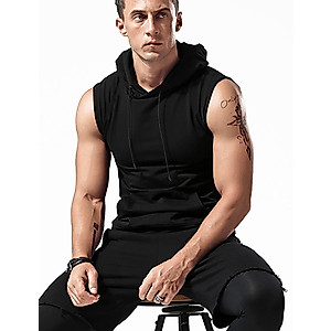 Amussiar Men's Workout Hooded Tank Top Athletic Muscle Sleeveless Hoodies Dry Fit Running Shirt Black