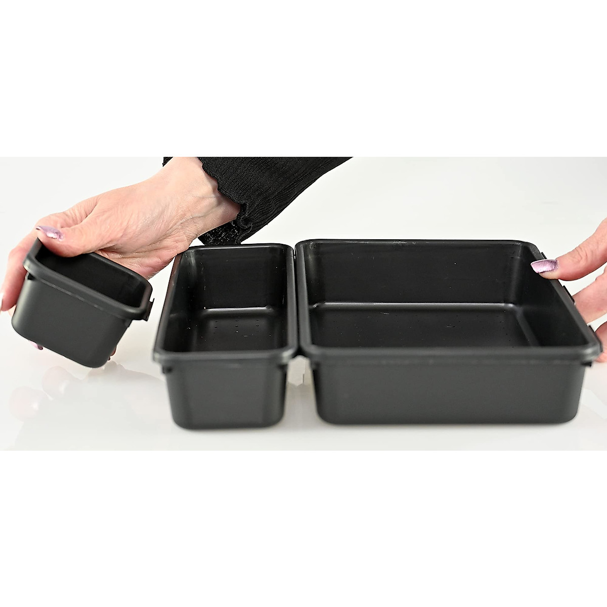 HOME-X Connecting Organizer Trays, Set of Interlocking Adjustable Trays for Organizing Office Supplies and Kitchen Utensil Drawers, Set of 8, 3 Sizes, Black