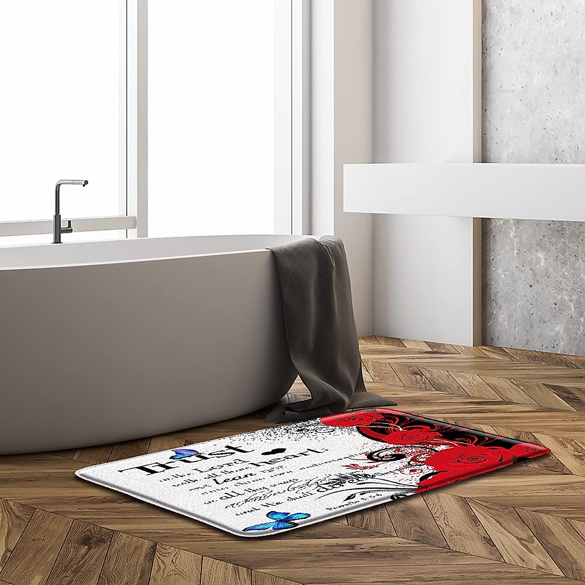 Inspirational Quote Bath Mat Red Rose Flower Butterfly Trust in The Lord with All Thine Heart Abstract Floral Art Bathroom Rug Decor