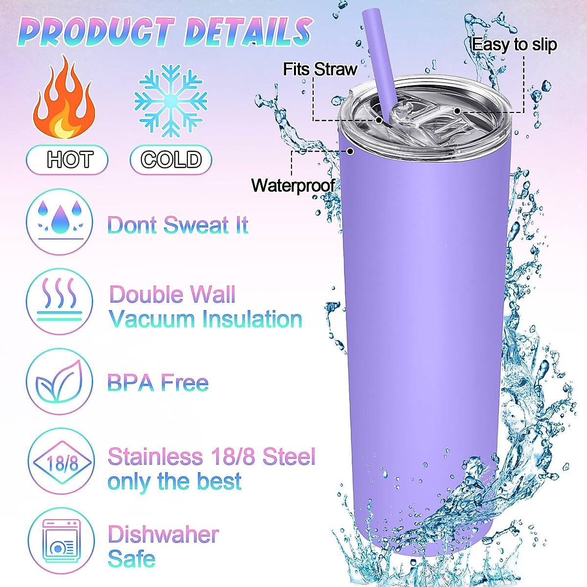 16 Packs Skinny Tumblers with Straws and Lids, 20 oz Stainless Steel Slim Tumblers Double Wall Vacuum Insulated Coffee Cups Solid Color Thin Travel Mug for Hot Cold Drink, 16 Colors