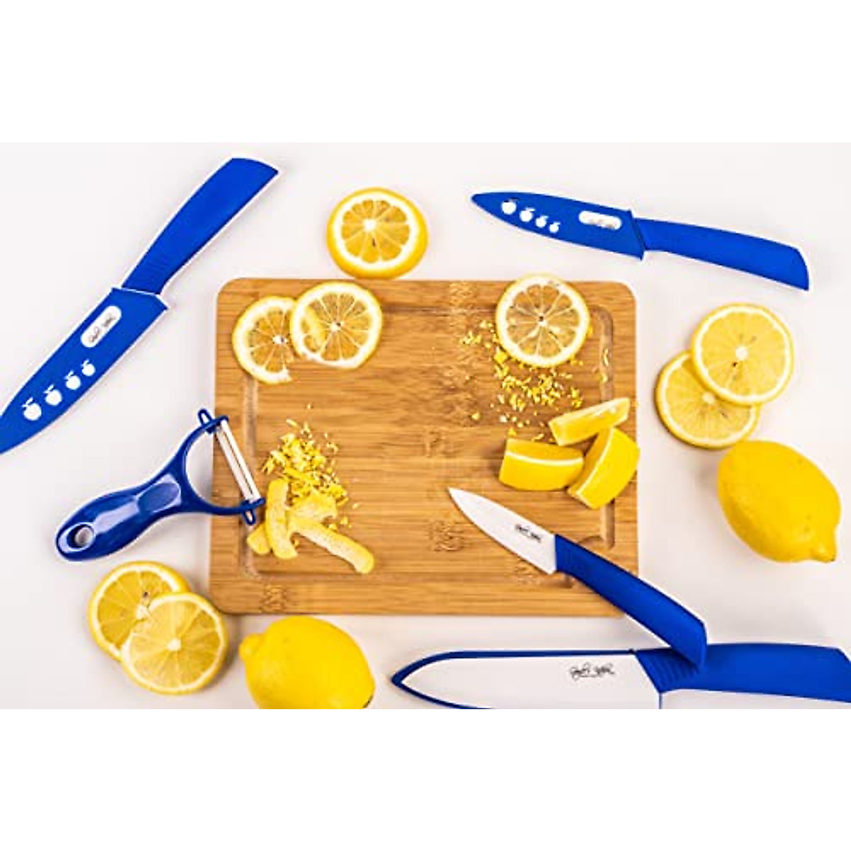Serrated Royal Blue Ceramic Knife Set with 5" Serrated Knife, Kitchen Knife Set - Includes 3”, 4”, 5”, 6” Ceramic Knives, Matching Sheaths and a Matching Vegetable Peeler in a Gift Box