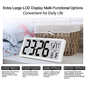 TXL Large Digital Day Wall Clock, Custom 8 Languages Calendar, Count up-Down Timer and Temp Reminder, 12/24Hr Desktop Alarm Clock with 14.17" Extra Large Display for Home Office Studio Hotel, White