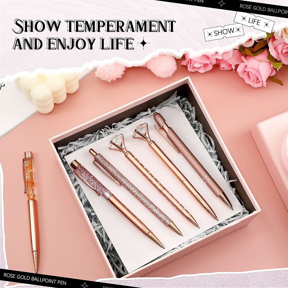 Supervitae 8 Pcs Rose Gold Ballpoint Pen Set Liquid Sand Glitter Metal Crystal Diamond Pen Girly Black Ink Pen Gifts for Wedding Office Desk Supplies