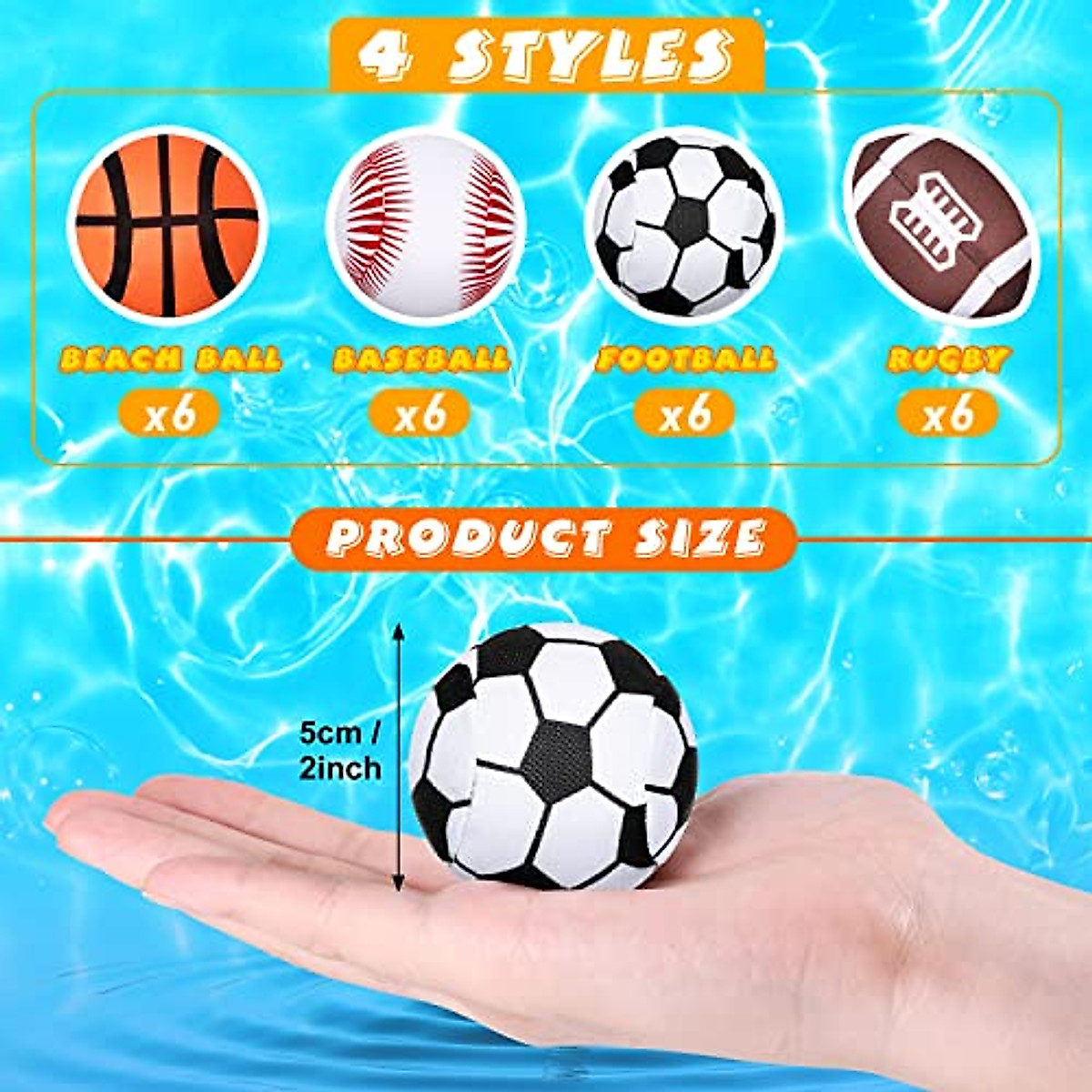 Leyndo 24 Pcs 2 Inch Water Pool Balls Toys Summer Soft Bomb Ball Sport Theme Absorbent Ball for Pool Swimming Beach Soaking Game Kids Party Activities, Baseball Football Soccer Beach Ball