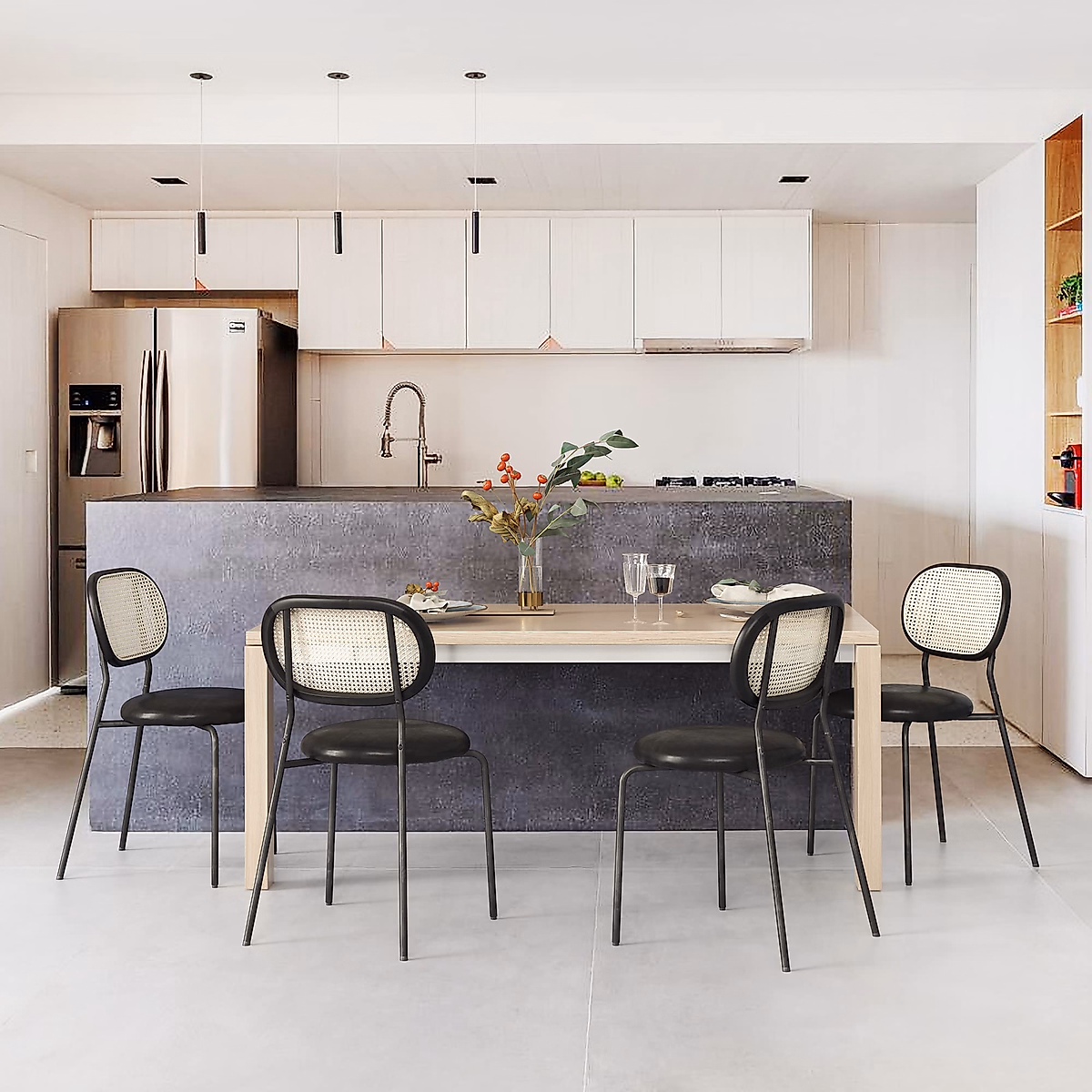 Centiar Velvet Faux Leather Dining Chair Set of 4,Rattan and Wood Backrest with Metal Legs,Modern Mid-Century Industrial Upholstered Round seat Chairs Suitable for Home,Bistro Coffee Shops,18",Black