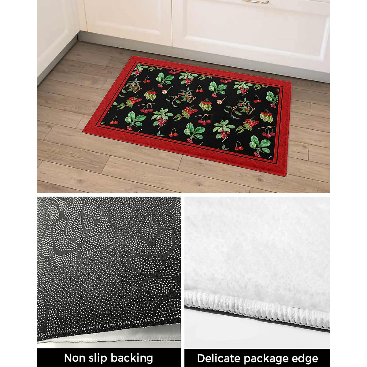Red Cherry Farmhouse Fruit Luxurious European Flowers Bath Mats for Bathroom Non-Slip Absorbent Soft Plush Doormat Decor Rugs for Kitchen Bedroom Floor Mat 24" X 16"