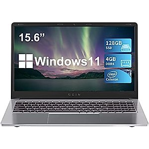 SGIN 15.6 Inch Laptop, 4GB DDR4 128GB SSD Windows 11 Laptops with Intel Celeron Quad Core J4105(up to 2.5 GHz), Intel UHD Graphics 600, Mini HDMI, WiFi, Webcam, USB3.0, Bluetooth 4.2