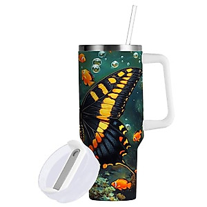 Slewiaeky Tumbler with Handle 40 oz Insect Butterfly Retro Travel Mug with Lid and Straw Ocean Stainless Steel Vacuum Insulated Water Bottle Cup for Iced Tea Coffee Cold Beverages Cup Holder Friendly