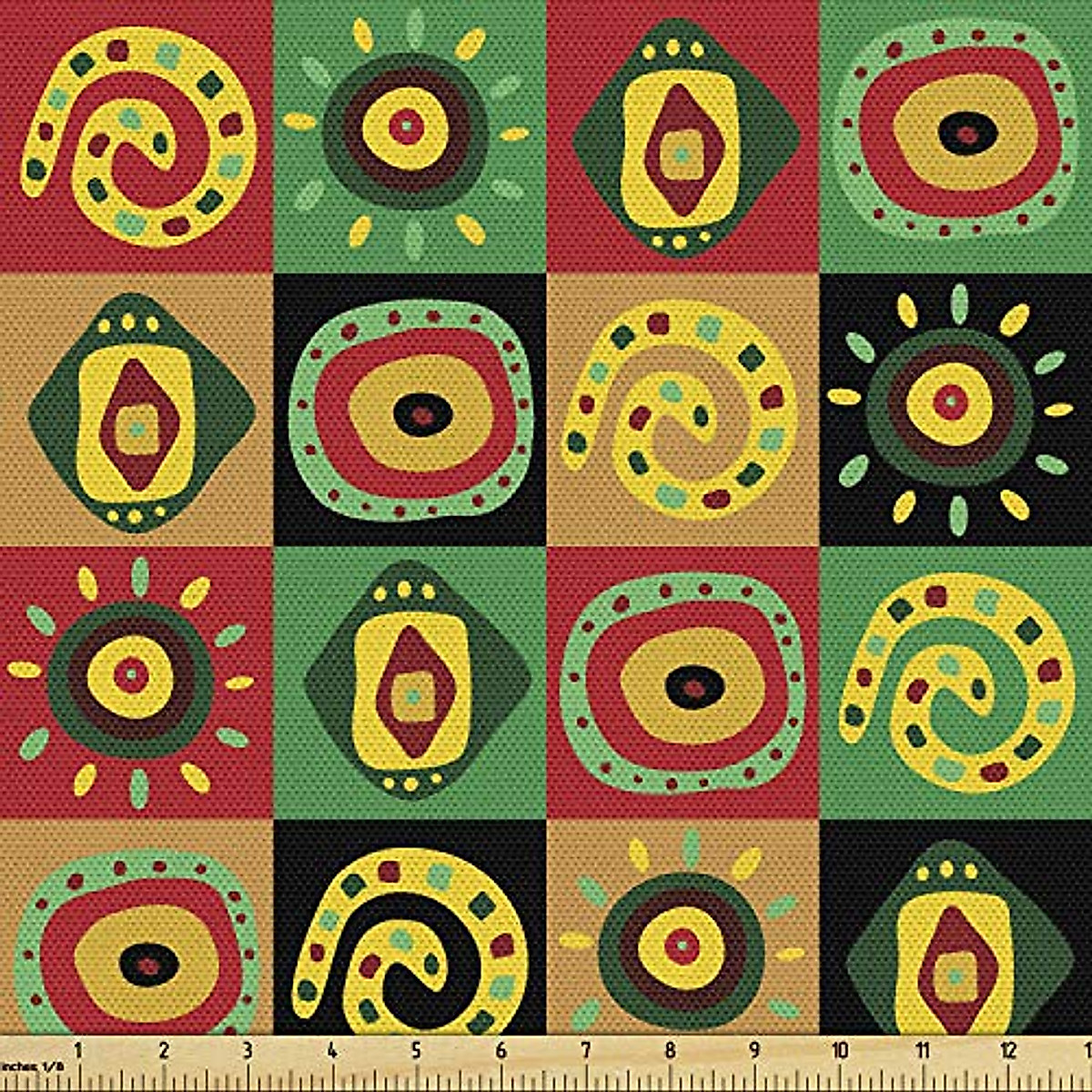 Ambesonne African Fabric by The Yard, Abstract Design with Trippy Shapes Culture Hieroglyph Print, Decorative Fabric for Upholstery and Home Accents, 1 Yard, Red Green