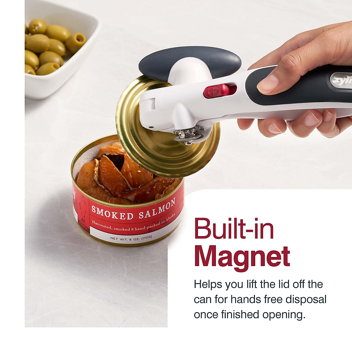 Zyliss Lock N' Lift Can Opener - Manual Can Opener with Locking Mechanism - Safe Magnetic Can Opener - Easy-to-Turn Can Opener - White/Gray