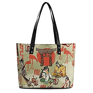 Womens Handbag Japanese Girl And Flamingo Leather Tote Bag Top Handle Satchel Bags For Lady