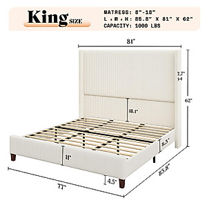 AMERLIFE King Size 62" Corduroy Upholstered Bed Frame, Luxurious Platform Bed with Extra Tall Wingback Headboard and Vertical Stripe, No Box Spring Needed/Solid Wood Slats & Legs/Cream