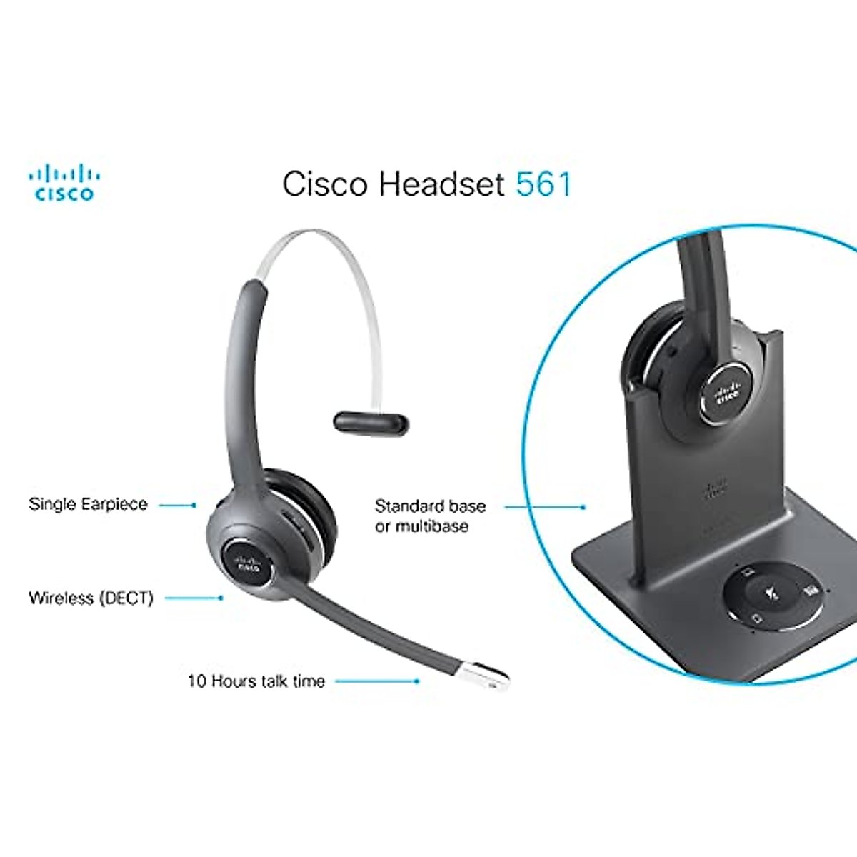 Cisco Headset 561, Wireless Single On- Ear DECT Headset with Multi-Source Base for US & Canada, Charcoal, (CP-HS-WL-561-M-US=) (Renewed)