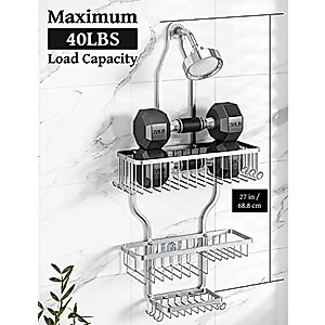 YASONIC Shower Caddy Over Shower Head Never Rust Aluminum Large Hanging Shower Caddy with 10 Hooks for Razor/Sponge - Over The Shower Head Caddy with Soap Basket - Hanging Shower Organizer Silver