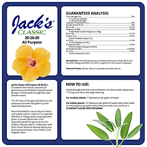 Jack's Classic 20-20-20 All Purpose Water-Soluble Fertilizer with Micronutrients to Provide General Growth on All Plants, 10lbs
