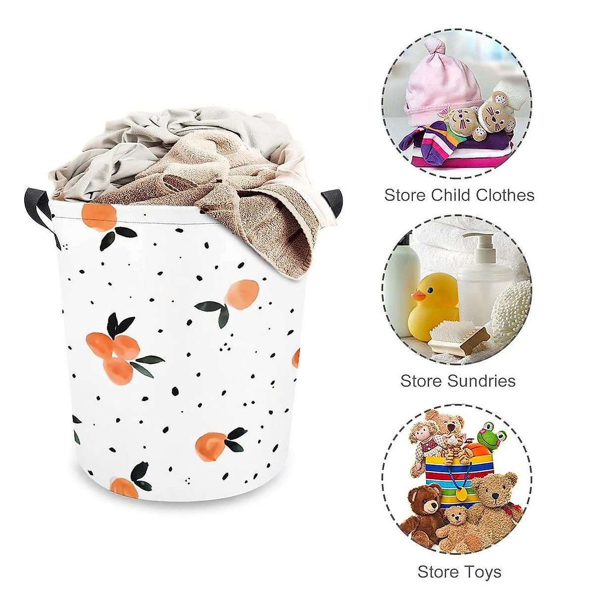 RENJUNDUN Clothes Basket Laundry Hamper with Handles Clementine And Dots on White Storage Organizer Perfect for Kids Boys Girls Toys Room, Bedroom, Nursery,Home,Gift Basket, 17.3 Inch H x 16.5 D
