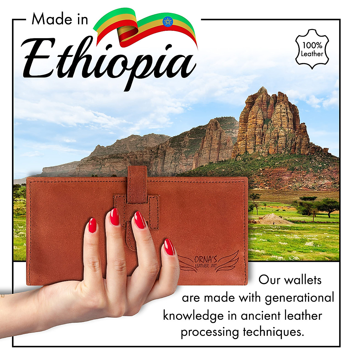 ORNA'S LEATHER ART GOLDFINCH COGNAC WALLET: Women’s Brown Billfold, Stylish, Handcrafted, Real Cowhide, Spacious, 18 Card Holders, 6 Money Pockets,