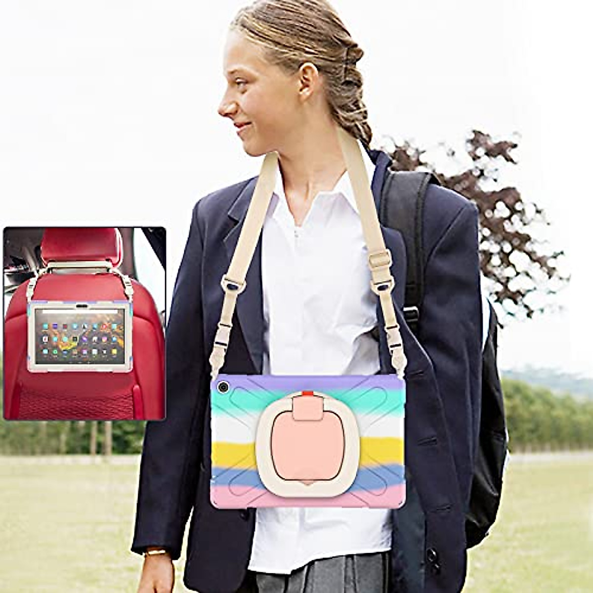 KENOBEE All-New Fire HD 10 & Fire HD 10 Plus Tablet (10.1", 11th Generation, 2021) Case, 360 Rotating Stand Multi-Functional Grip Rugged Heavy Duty Shockproof Protective Kickstand Cover,Rainbow Pink