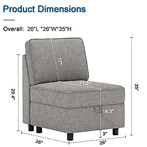 beyond SMART Fabric Middle Module for Modular Sofa, Customizable Sectional Sofa Couch, Accent Armless Chair with Storage Seat, Single Seat,Grey