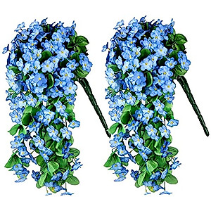 ZFProcess 2 Pack Artificial Hanging Flowers, Fake Hanging Plants Colorful Orchid Flower Bouquet for Wall Home Room Garden Wedding Indoor Outdoor Decoration(Blue)