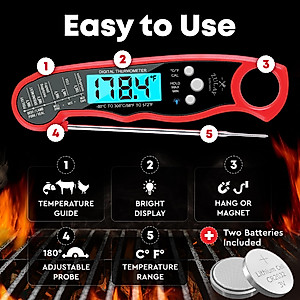 Grill Tech Instant Read Meat Thermometer for Grill and Cooking. Superior Waterproof Lightning Fast Digital Thermometer with Backlight & Calibration. Digital Food Probe for Kitchen and BBQ!