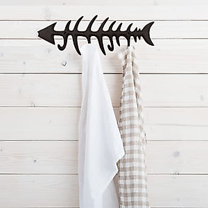 Needzo Cast Iron Faux Rusted Fish Skeleton Wall Hook, Nautical Themed Decor for Beach House, Lake House, or Home, Rustic Hooks for Towels, Keys, Coats, and More, 13 Inches