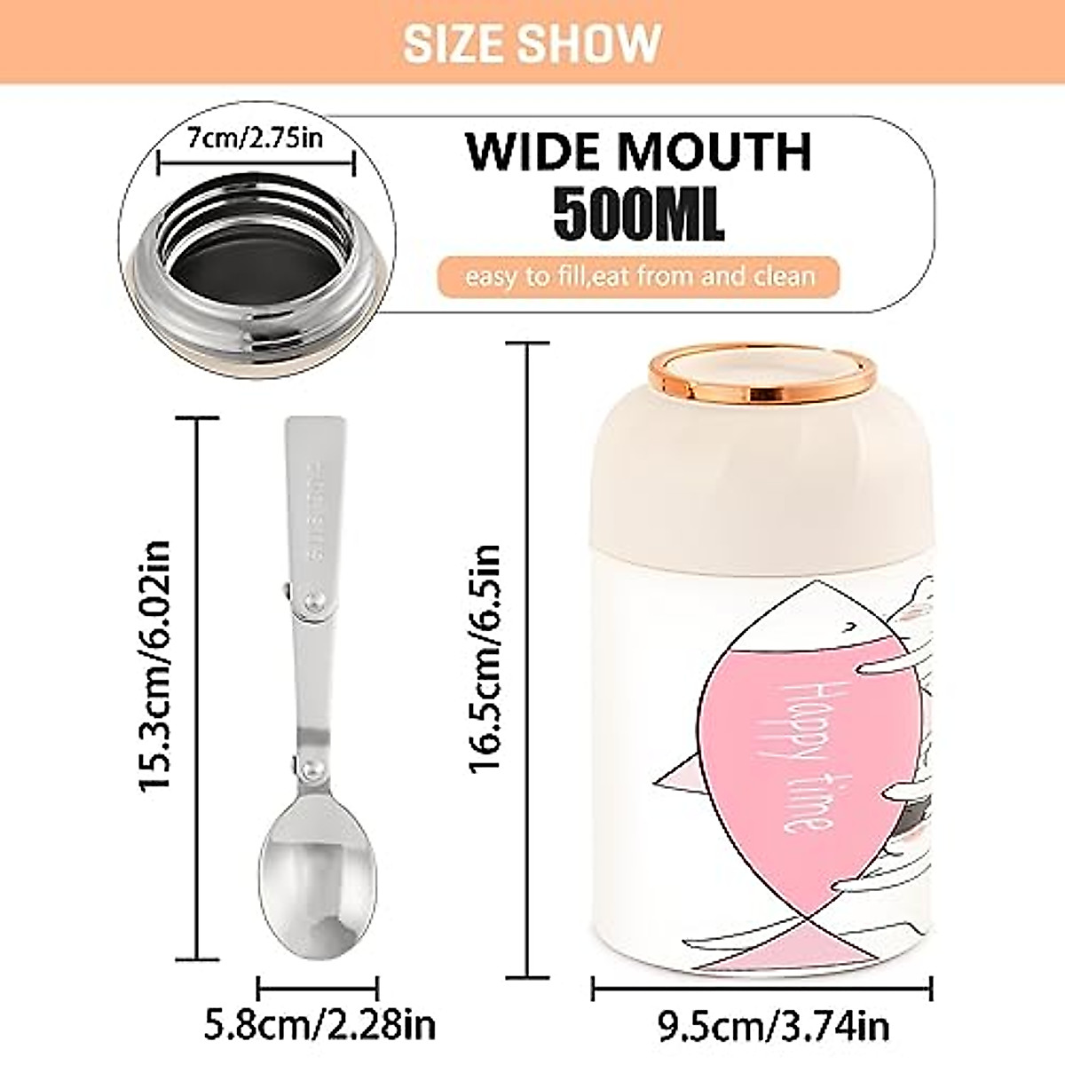 CUPADA Funny Cat Fish Food Jar, Happy Time Summer Insulated Hot Food Jars Vacuum 17OZ with Folding Spoon for Work Trip Picnic Camping