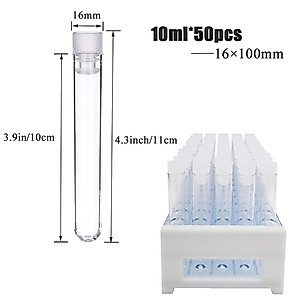50Pcs Clear Plastic Test Tubes with Rack,16x100mm(10ml) Test Tube with Caps and 50 Holes Tubes Rack for Scientific Experiments,Party,Decorate The House,Candy Storage