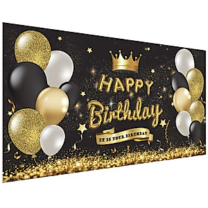 DSDecor Happy Birthday Banner Large 5.9' x 3.3" Hanging Birthday Party Sign Banner for Indoor Outdoor Yard Birthday Decorations (Black, 5.9ft x 3.3ft)