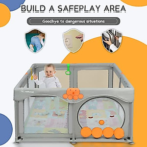 Addweet Baby Playpen for Babies and Toddlers, Cartoon Large Play Yard for Baby with Mat, Safety Playpen for Baby, Baby Play Area Indoor & Outdoor, Octopus, 50”×50” (Grey)