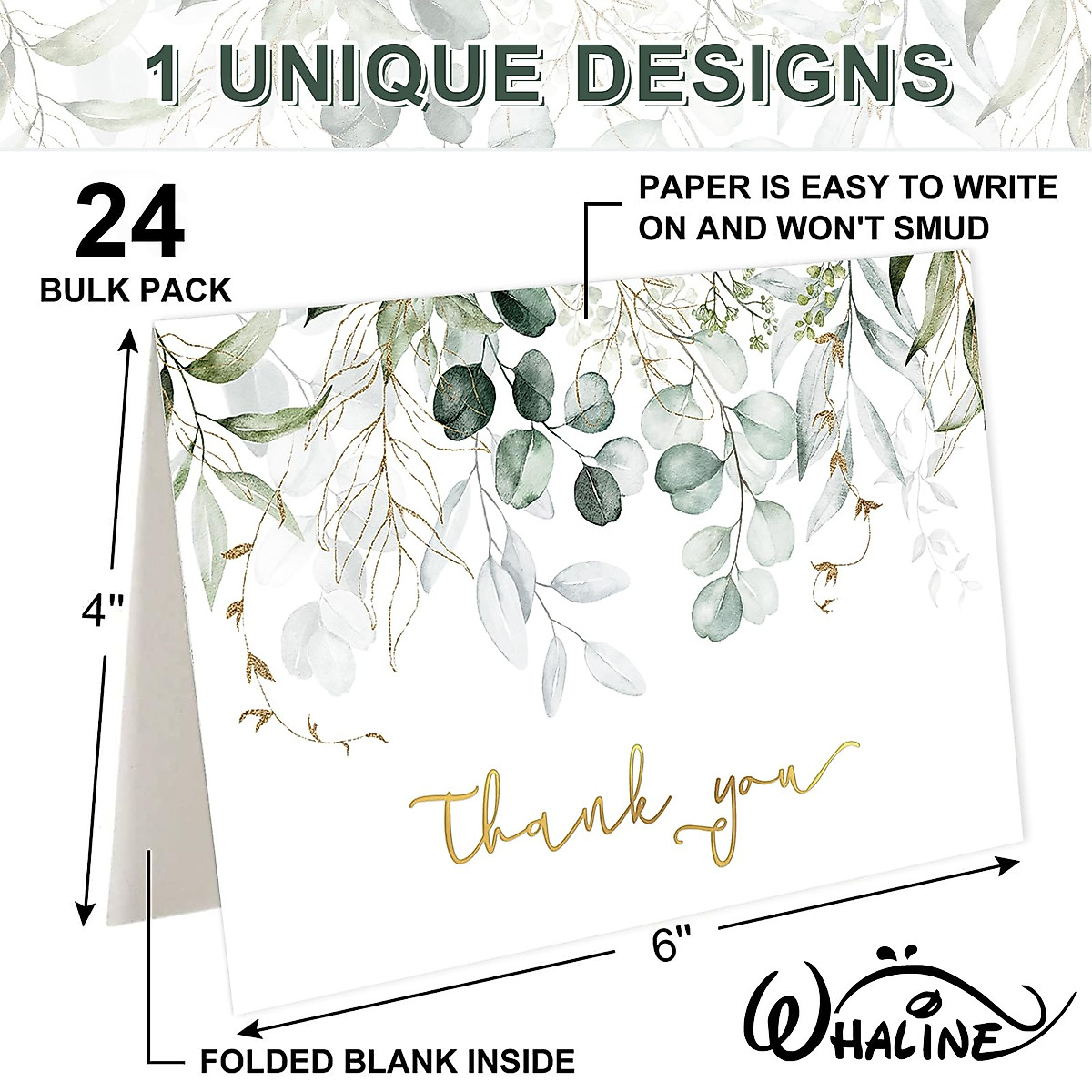 Whaline 24 Pack Greenery Thank You Cards Gold Foil Eucalyptus Leaves Thank You Note Cards with Envelopes Stickers for Spring Wedding Baby Shower