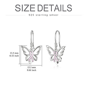 Butterfly Dangle Earrings Sterling Silver Breast Cancer Awareness Earrings Pink Ribbon Earrings Breast Cancer Survivor Gifts for Women