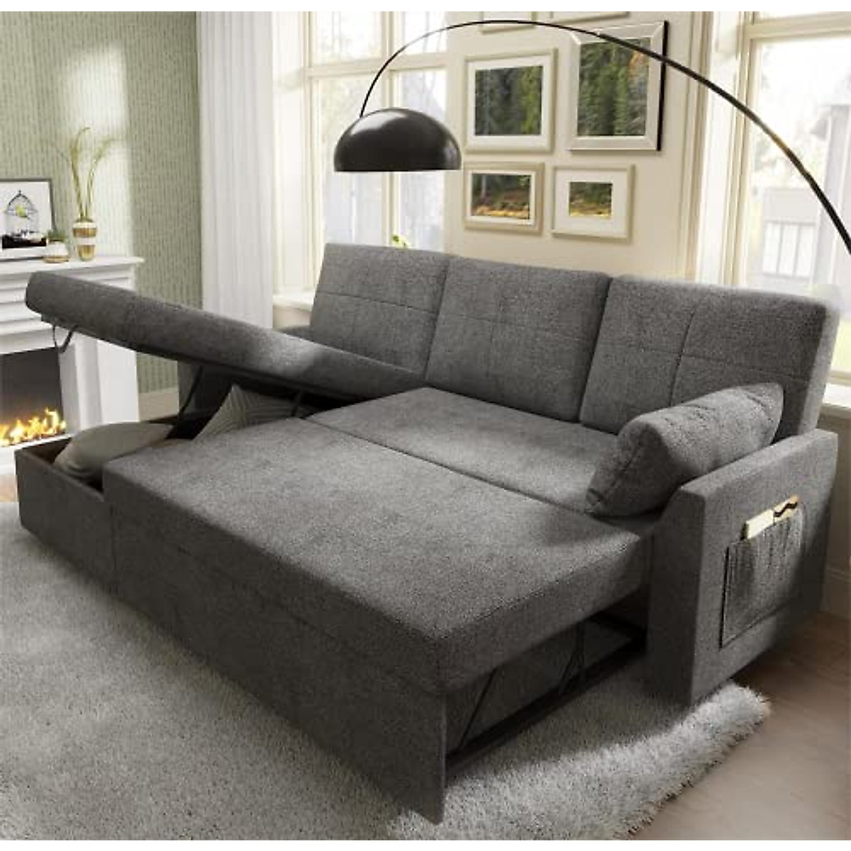 PaPaJet Sleeper Sofa, Sofa Bed with Storage Chaise-2 in 1 Pull Out Couch Bed for Living Room, Sectional Couch with Pull Out Bed Gray