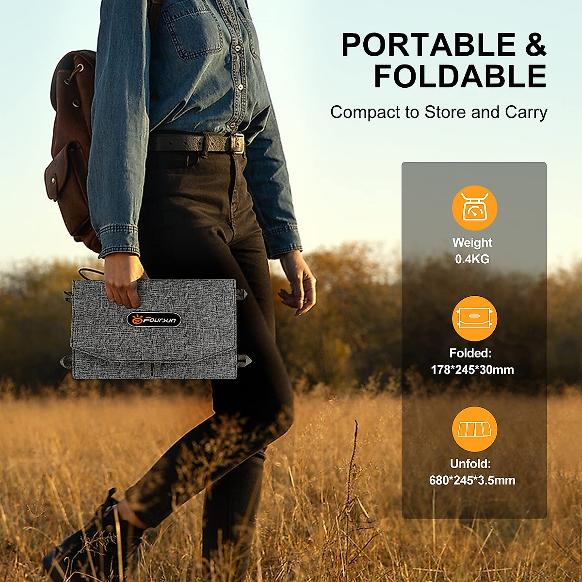 Foursun 21W Portable Solar Panel Charger,12V Foldable Solar Charger with QC3.0, PD 18W, IP67 Waterproof, Fast Charging for Smart Phones, Tablets, Power Banks, Battery Packs, etc.