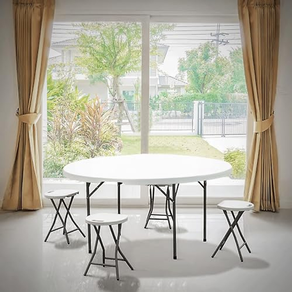 MoNiBloom 5Ft Round Folding Table, Indoor Outdoor Plastic Dining Card Table with Handle and Lock for Picnic Party Banquet Wedding, White Toptable Gray Legs