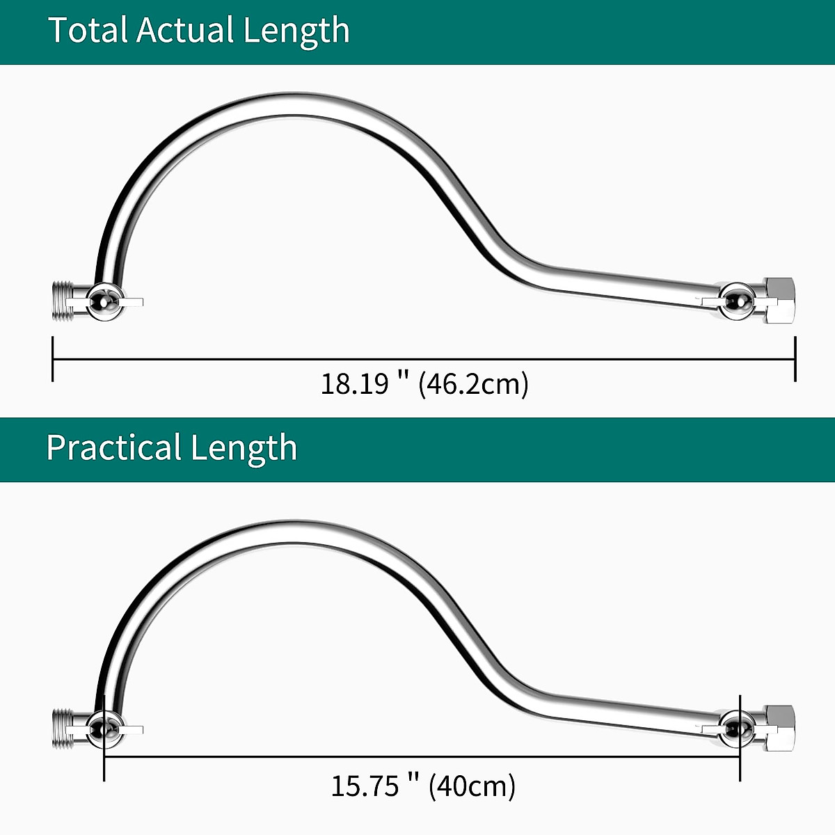 All Metal 16 Inch Solid Brass Adjustable Curved Shower Head Extension Arm Flexible Height & Angle Shower Arm Extender with Lock Joints,Universal Connection Stainless Steel Pipe Height Extending,Chrome